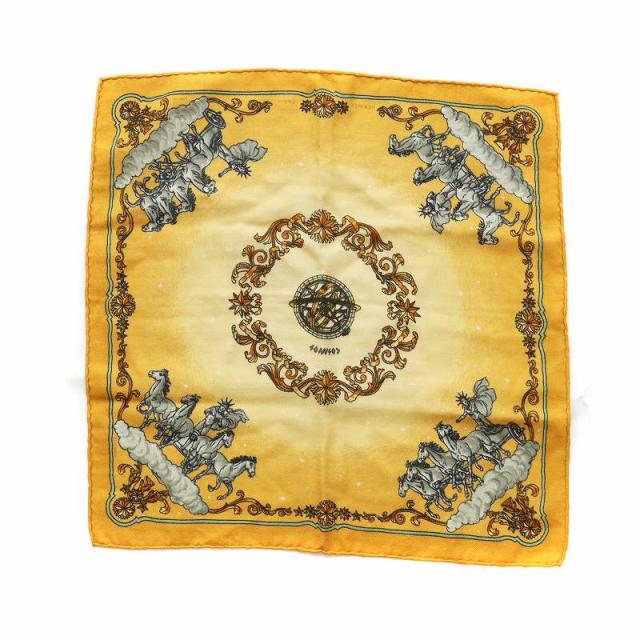【中古】エルメス HERMES カレ40 プチカレ COSMOS 宇宙観 スカーフ ロゴ 絹 シルク 総柄 オレンジ