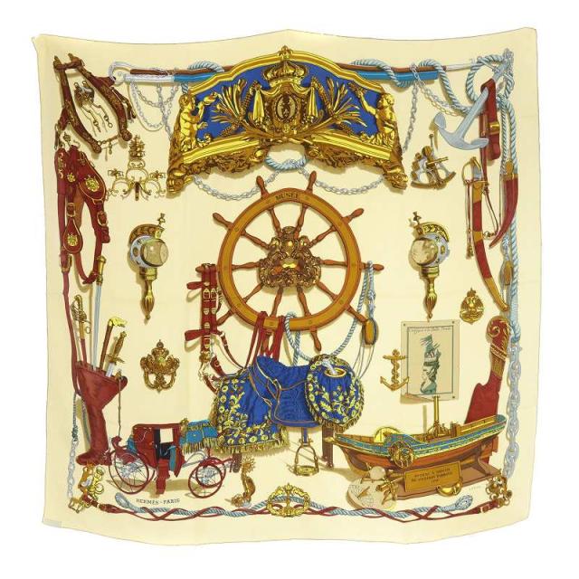 【中古】エルメス HERMES MUSEE 博覧館 美術館 スカーフ アイボリー カレ90 /SR18 ■OH レディース