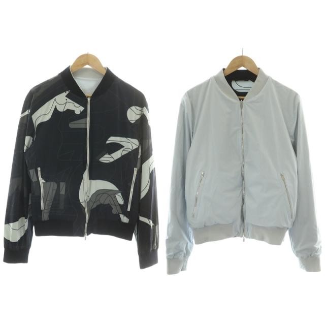 【中古】エルメス リバーシブル ジャンパー ブルゾン MA-1 アウター長袖 ナイロン  馬 ホース 総柄 50