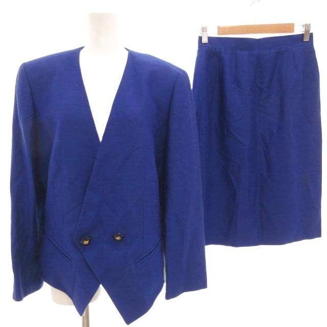 【中古】セリーヌ CELINE セットアップ フォーマル ジャケット ロゴボタン 背抜き ダブル スカート 40 XL 青 ブルー 春夏 /AE ■GY47