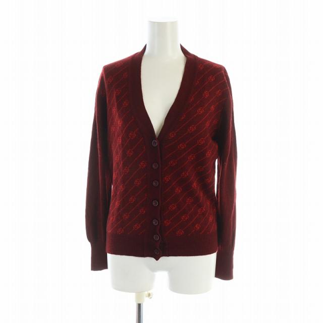 【中古】グッチ GUCCI 70s カーディガン 長袖 インターロッキング 総柄 ロゴ カシミヤ 絹 シルク 48 XXL 赤