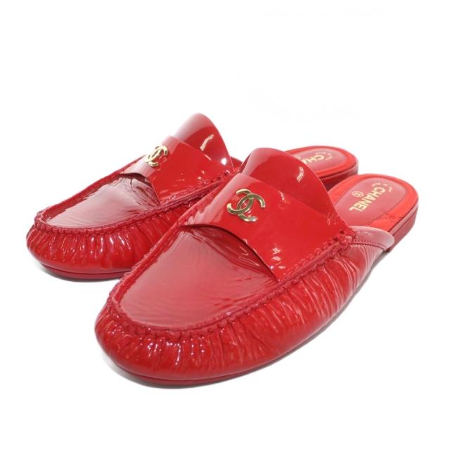 【中古】シャネル CHANEL ミュール サンダル ココマーク マトラッセ パテントレザー×サテン 36C 23cm 赤 レッド
