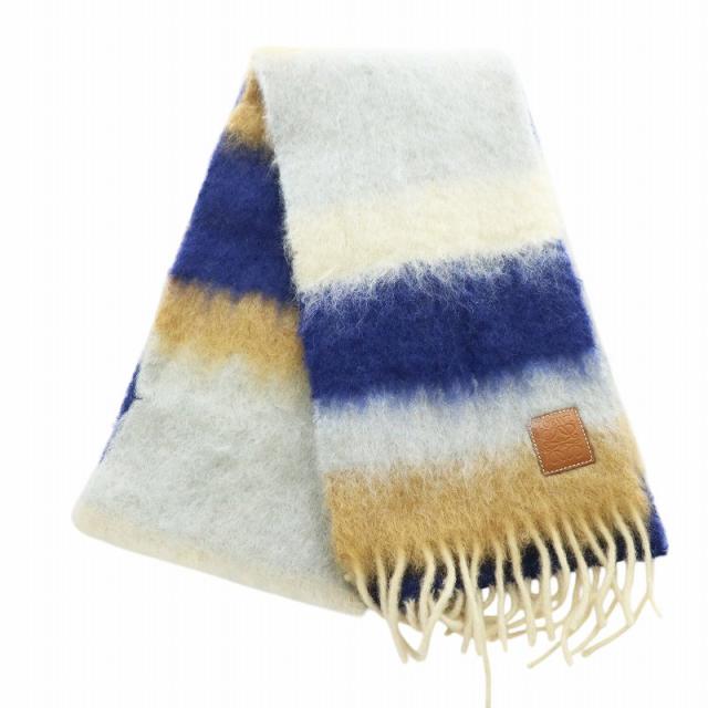 【中古】ロエベ ストライプ モヘア ウール マフラー ストール グラデーション フリンジ アナグラム