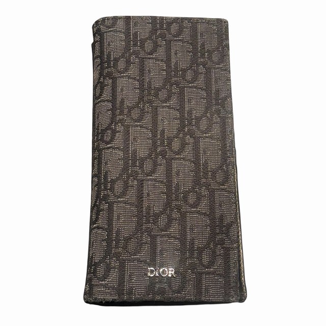 【中古】ディオール Dior オブリーク ジャカード バーティカル ロングウォレット 2つ折り財布 黒 ブラック
