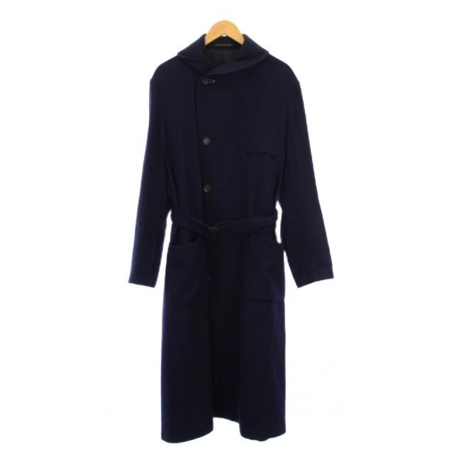 【中古】ヨウジヤマモトプールオム ツイルフランネルJラウンドカラーコート アウター ロング丈 ウール ベルト 1 紺