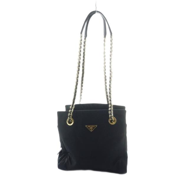 【中古】プラダ PRADA ショルダーバッグ トート 三角ロゴ チェーンショルダー ゴールド金具 黒 ブラック
