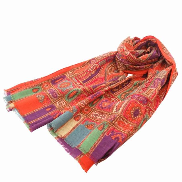 【中古】エトロ ETRO 美品 ストール マフラー カットオフ ペイズリー 総柄 ウール シルク混 オレンジ /FFの通販はau PAY ...