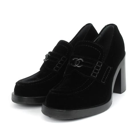 【中古】シャネル CHANEL 美品 ローファー 厚底 チャンキーヒール ココマーク ベルベット G45179 黒 ブラック 35 1/2