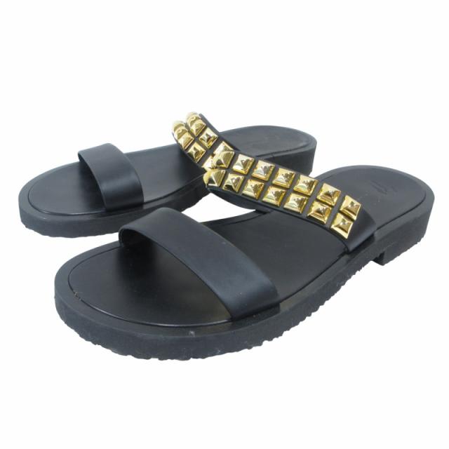 【中古】ジュゼッペザノッティデザイン 美品 フラットサンダル ゴールドスタッズ レザー ストラップ 黒 42 約27cm