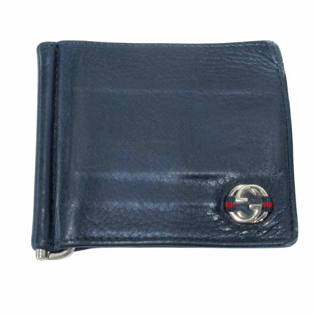 【中古】グッチ GUCCI 二つ折り財布 マネークリップ インターロッキング ロゴ レザー 黒 紺 ブラック ネイビー 系