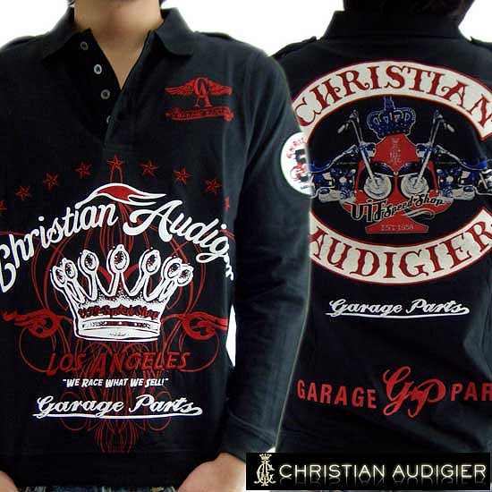 【新品】 【メール便対応】 【レビューを書いて送料無料】 ★Christian Audigier クリスチャン オードジェー L/S ポロシャツ ガレージ パーツ ブラック