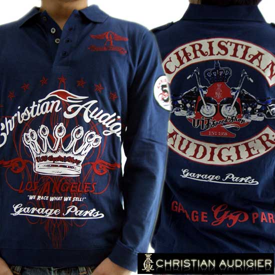 【新品】 【メール便対応】 【レビューを書いて送料無料】 ★Christian Audigier クリスチャン オードジェー L/S ポロシャツ ガレージ パーツ ネイビー