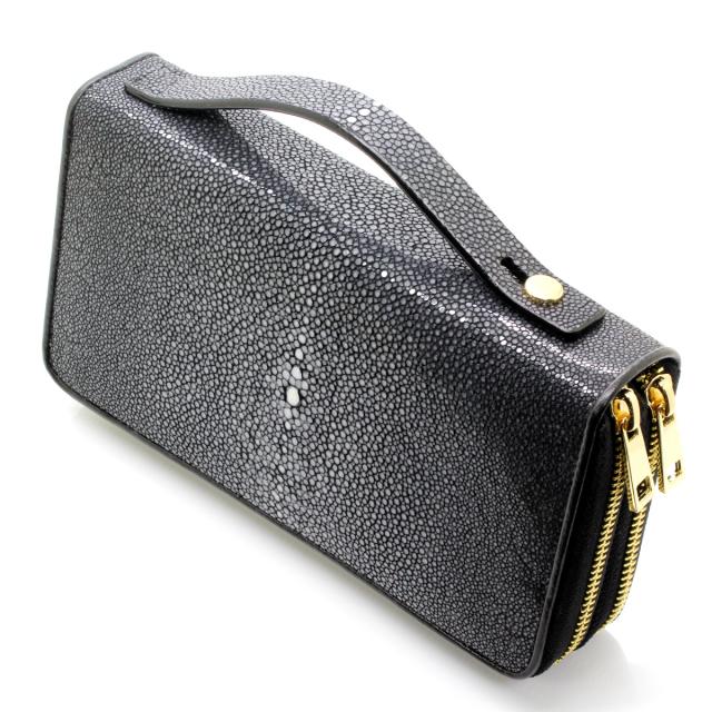 [Revetta] エイ革 長財布 大容量 ガルーシャ スティングレイ ブラック カード入れ40枚 ダブルラウンドファスナー 持ち手付き ハンドル