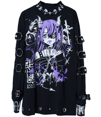 [APPAREL]/セックスポットリベンジ/悪魔の誘惑 BONDAGE SID RING モックネック カットソー 黒×白＋紫 (F) ゴスロリ・パンク/SEX POT ReVeNGe