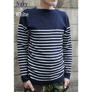 フランス海軍 パネルボーダー セーター 92 (S) ネイビー×オフホワイト ウール混 仏軍 レプリカ ミリタリーウェア 白