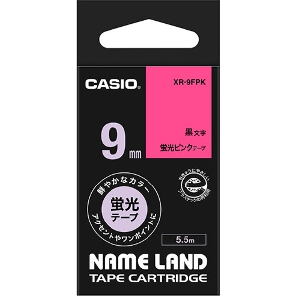 （まとめ） カシオ CASIO ネームランド NAME LAND スタンダードテープ 9mm×5.5m 蛍光ピンク／黒文字 XR-9FPK 1個 【×5セット】 送料無料