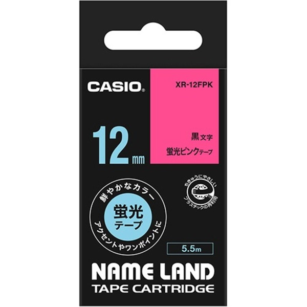 （まとめ） カシオ CASIO ネームランド NAME LAND スタンダードテープ 12mm×5.5m 蛍光ピンク／黒文字 XR-12FPK 1個 【×5セット】 送料無料