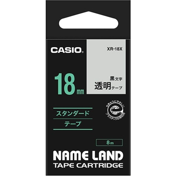 （まとめ） カシオ CASIO ネームランド NAME LAND スタンダードテープ 18mm×8m 透明／黒文字 XR-18X 1個 【×4セット】 送料無料