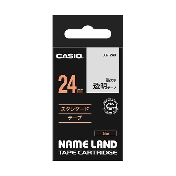 （まとめ） カシオ CASIO ネームランド NAME LAND スタンダードテープ 24mm×8m 透明／黒文字 XR-24X 1個 【×4セット】 送料無料