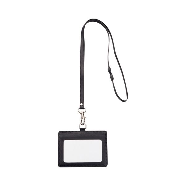 （まとめ） TANOSEE 合皮 フェイクレザー 製ネームカードホルダー ヨコ型 ストラップ付 ブラック 1個 【×10セット】 黒