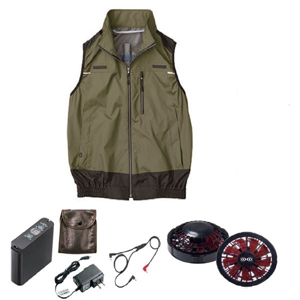 KU92120 空調服 R ポリエステル製 遮熱フルハーネス仕様ベスト FAN2200BR・RD9261・LIPRO2セット カーキグリーン M 緑