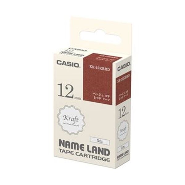 （まとめ）カシオ NAME LANDクラフトテープ 12mm×5m レッド/ベージュ文字 XR-12KRRD 1個【×20セット】 赤