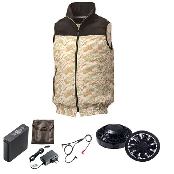 KU92020 空調服 R ポリエステル製 カジュアルベスト FAN2200B・RD9261・LIPRO2セット ブラック×サンドカモ 4L 黒