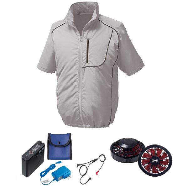 KU91720 空調服 R ポリエステル製 半袖 FAN2200BR・RD9261・LISUPER1セット シルバー×ブラック L 黒 送料無料