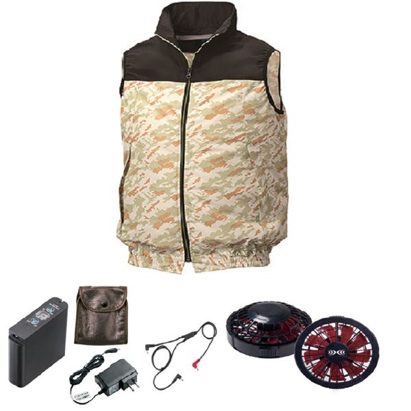 KU92020 空調服 R ポリエステル製 カジュアルベスト FAN2200BR・RD9261・LIPRO2セット ブラック×サンドカモ L 黒 送料無料