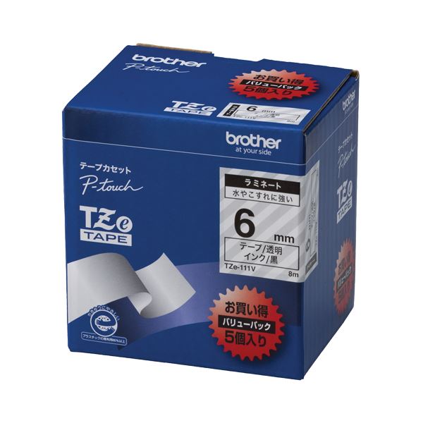 (まとめ）ブラザー BROTHER ピータッチ TZeテープ ラミネートテープ 6mm 透明/黒文字 業務用パック TZE-111V 1パック(5個)【×3セット】 送料無料