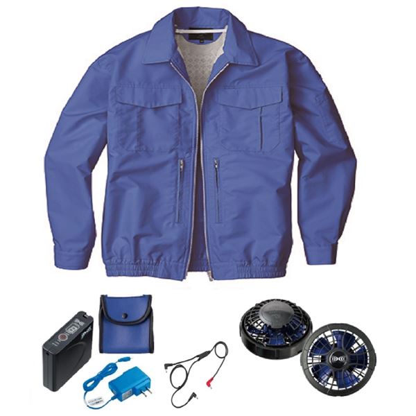 KU92130 空調服 R 綿ポリ混紡 スペーサー一体型 FAN2400SPBB・CBB500ロングケーブル 配線 ・LISUPER1セット ライトブルー 4L 青 送料無料