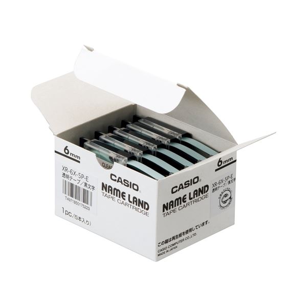 (まとめ）カシオ CASIO ネームランド NAME LAND スタンダードテープ 6mm×8m 透明/黒文字 XR-6X-5P-E 1パック(5個)【×3セット】 送料無料