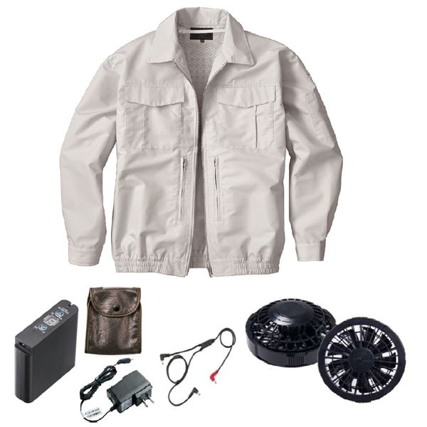 KU92130 空調服 R 綿ポリ混紡 スペーサー一体型 FAN2200B・CBB500ロングケーブル 配線 ・LIPRO2セット シルバー 4L 送料無料