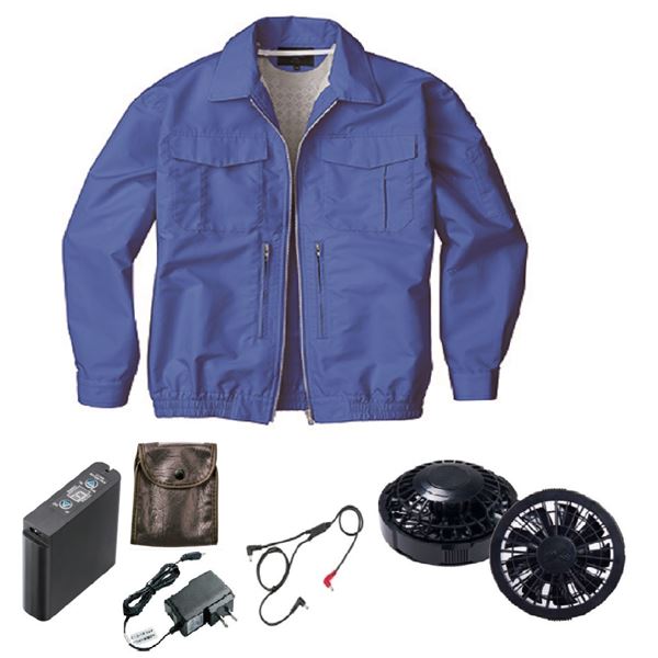 KU92130 空調服 R 綿ポリ混紡 スペーサー一体型 FAN2200B・CBB500ロングケーブル 配線 ・LIPRO2セット ライトブルー 4L 青