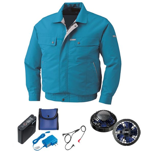 KU90450 空調服 R 綿・ポリ混紡 脇下マチ付き FAN2400SPBB・RD9261・LISUPER1セット ターコイズブルー M 青 送料無料