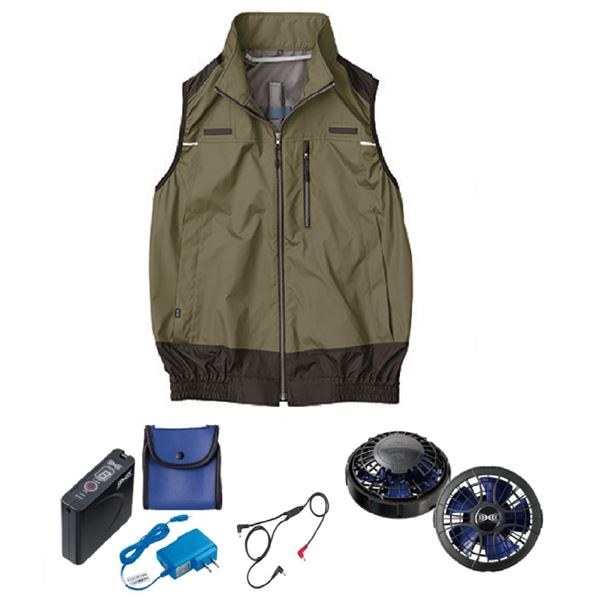 KU92120 空調服 R ポリエステル製 遮熱フルハーネス仕様ベスト FAN2400SPBB・RD9261・LISUPER1セット カーキグリーン 5L 緑 送料無料