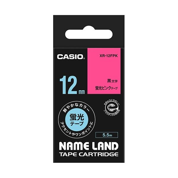 (まとめ) カシオ CASIO ネームランド NAME LAND スタンダードテープ 12mm×5.5m 蛍光ピンク／黒文字 XR-12FPK 1個 【×10セット】