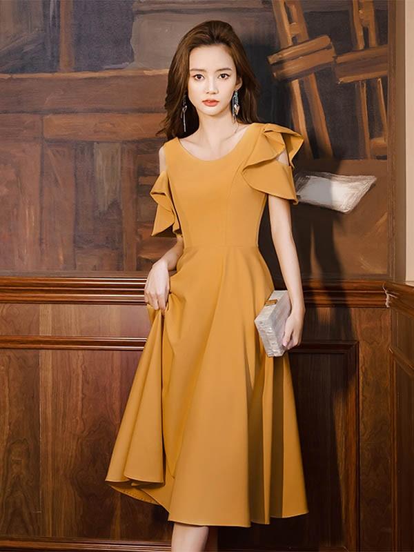 ミモレドレス ひざ下丈ドレス 演奏会 ピアノ 発表会 イエロー 黄色