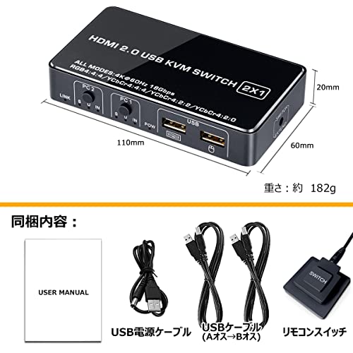ELEVIEW KVMスイッチ パソコン切替器 (PC2台用) HDMI2.0 4K@60Hz対応｜モニター/キーボード/マウス(ワイヤレス可 ...
