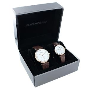 エンポリオアルマーニ 時計 メンズ レディース ペアウォッチ 40mm 30mm ホワイト/シェル文字盤 ブラウン レザー AR9042 合格 ...