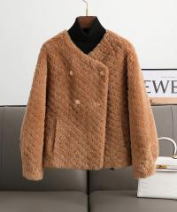 暖かノーカラージャケット ボアジャケット 防寒 長袖 ブラウン 株式