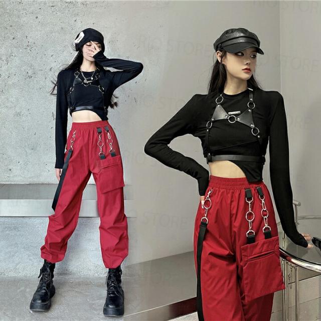 韓国 ヒップホップ ダンス衣装 レディース 赤 黒 上下 セットアップ 学生 演出服レディースファッション スーツ セットアップ パンツスーツ