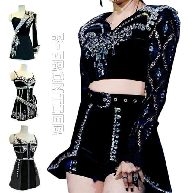 ダンス衣装 k-pop レディース セットアップ 黒 へそ出し セクシー K-pop衣装 ブラック ステージ衣装 韓国K-POP アイドル キラキラ クリスタル おしゃれ カッコイイ