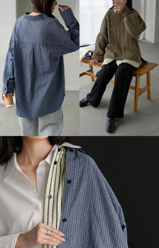 2025AW新作 2点セット 『 ニット × 一部1月中旬入荷 シャツ 』 アンサンブル レディース トップス ロング セット セーター ブラウス チュニック ストライプシャツ リブ ボリュームスリーブ 重ね着 着回し きれいめ 大きいサイズ 体型カバー お尻が隠れる 黒 白 秋 冬 HUG.U 2025AW新作 2点セット 『 ニット × 一部11月下旬入荷 シャツ