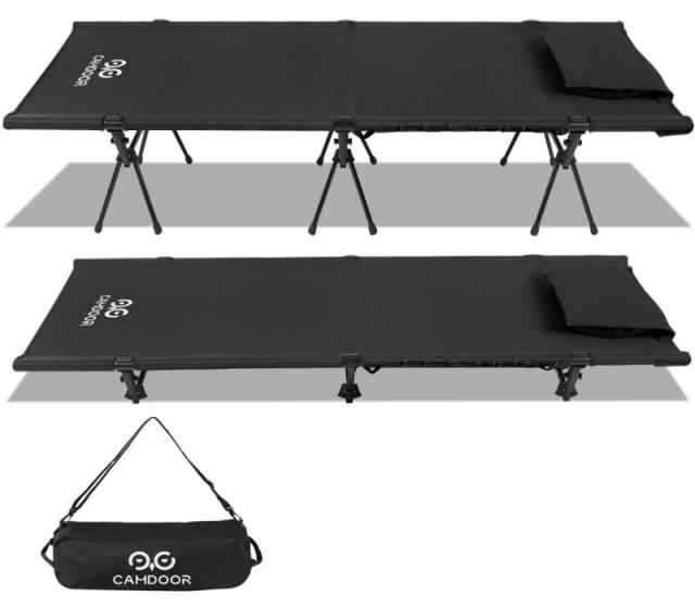 コット キャンプ 2way CAMDOOR高密度1000Dオックスフォード&枕カバー付き150KG高耐荷重 キャンプ コット ワイド 軽量 ハイ/ロー切替可能 小物収納 静音 通気性 撥水 仮眠 野外 釣り 防災 応急用 自宅用 収納バッグ付き (ブラック