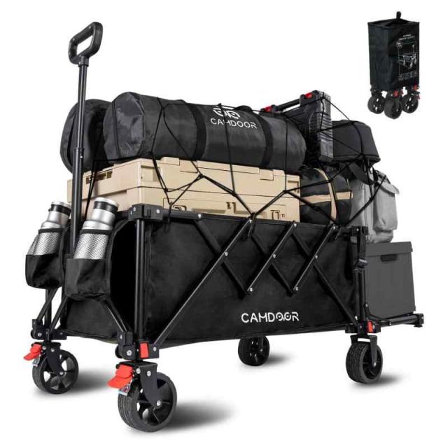 CAMDOOR 後ろ開け キャリーワゴン 長物対応3秒で収納？大容量？超軽量アウトドアワゴン 軽量 静音 キャンプカート 大容量240L 耐荷重120kg コンパクト自立収納 キャリーカート BBQ 釣り 運動会 荷物運び 引っ越し ワンタッチ収束式 (ブ
