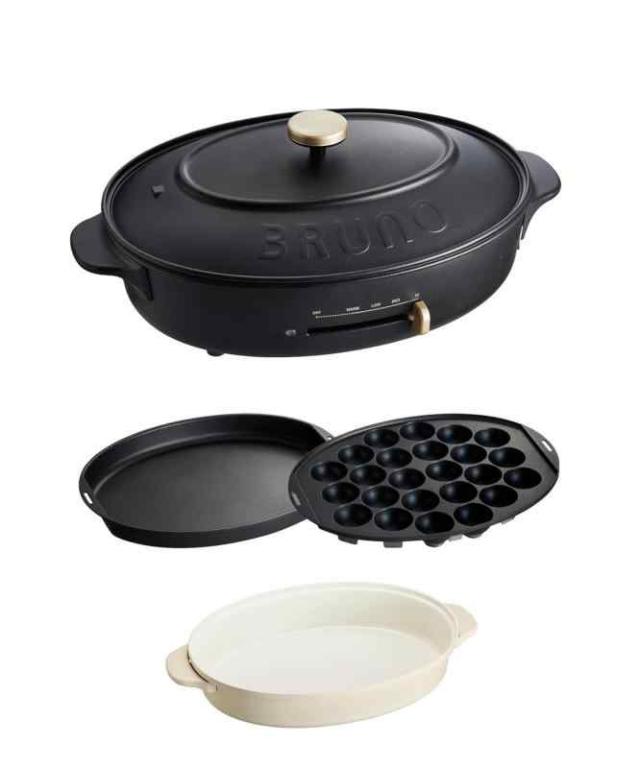 BRUNO ブルーノ オーバルホットプレート 本体 プレート4種 (たこ焼き 深鍋 平面 ハーフ) (ブラック, サイズなし)