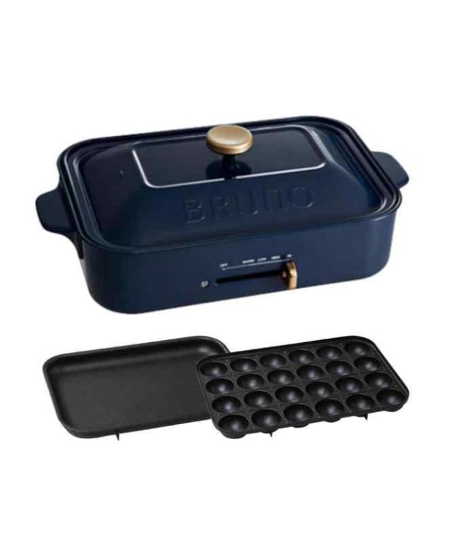 BRUNO ブルーノ コンパクトホットプレート 本体 プレート4種 (たこ焼き セラミックコート鍋 平面 グリル) (ネイビー)