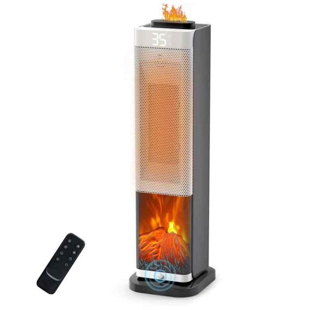 セラミックヒーター タワー型【2026新登場・3D水蒸気LED暖炉】【1秒速暖大風量】擬似炎加湿機能付き 人感センサー搭載 8時間連続加湿 15〜35℃温度調節 ECOモード省エネ 1200W電気ヒーター 3重過熱保護 転倒OFF 節電対策 280MLタン