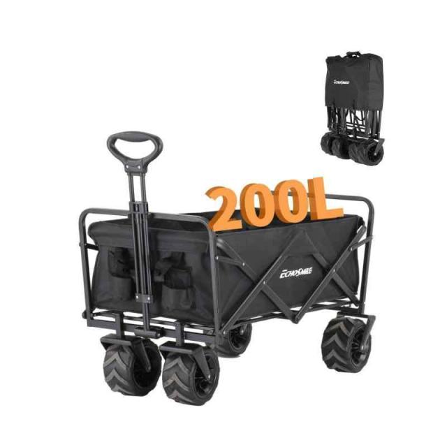 EchoSmile キャリーワゴン 【10CM極太タイヤ 】アウトドアワゴン 大容量200L 耐荷重160kg キャリーカート 折り畳み キャンプ カート ワゴン ワンタッチ収束型 コンパクト収納 レジャー/BBQ/釣り/運動会用 (ブラック, 中)